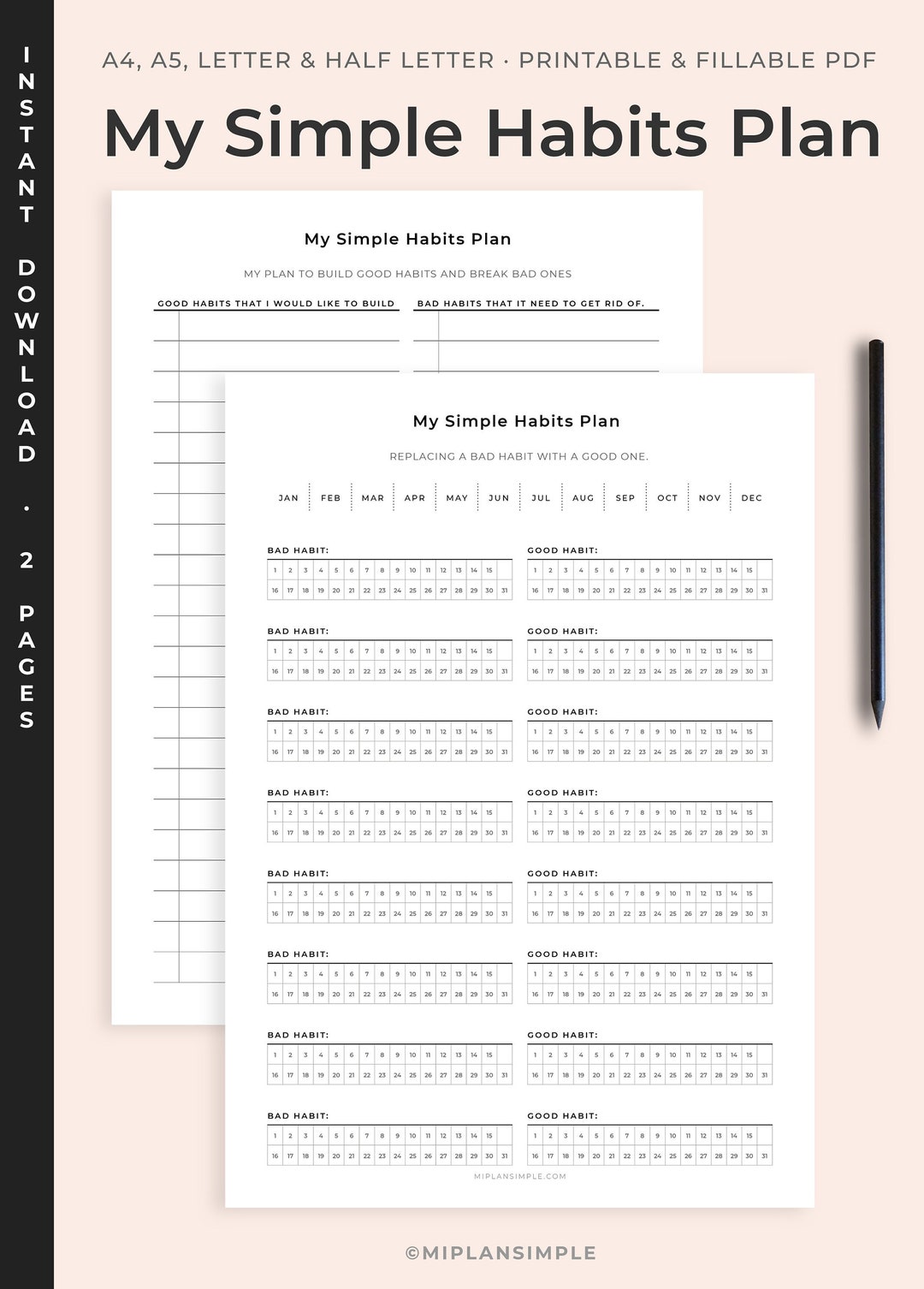 Simple Habits Plan, Editable Habit Tracker Printable Log, Habit Tracker ...