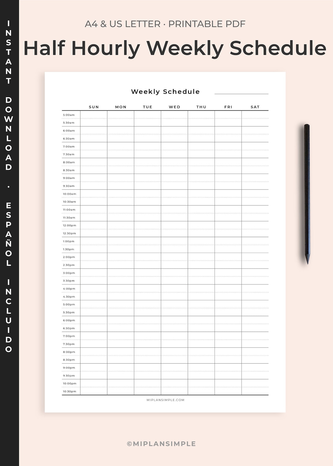 Half Hour Weekly Schedule Printable, Half-hour Schedule PDF A4 & Letter ...