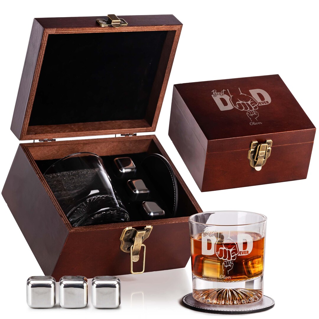 Custom Dad Fist Bump Kids Names Whiskey Gift Set With Glass Leather ...