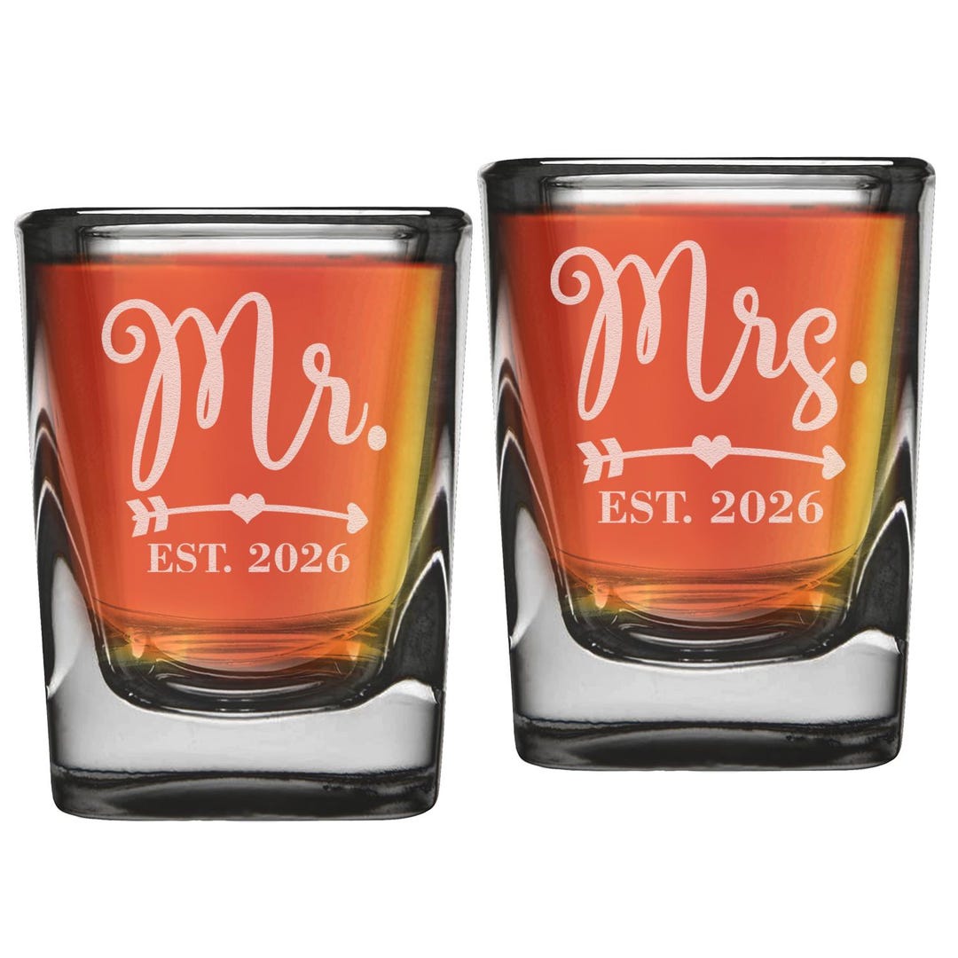 Set of 2 Mr. and Mrs. Established 2026 Engraved Heavy Base Prism Shot ...