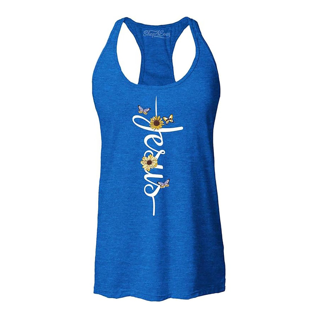 Jesus Script Cross With Flowers and Butterflies Women's Racerback Tank ...