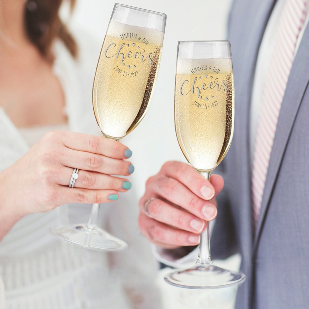 Personalized Wedding Cheers Champagne Flutes Glasses 8 Oz Set Of 2 Custom Engraved With Names