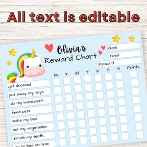 Chore Chart for Kids - Printable Girls Unicorn Reward Behavior ...