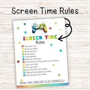 Editable Screen Time Rules Printable Chore Chart for Kids With Reward ...