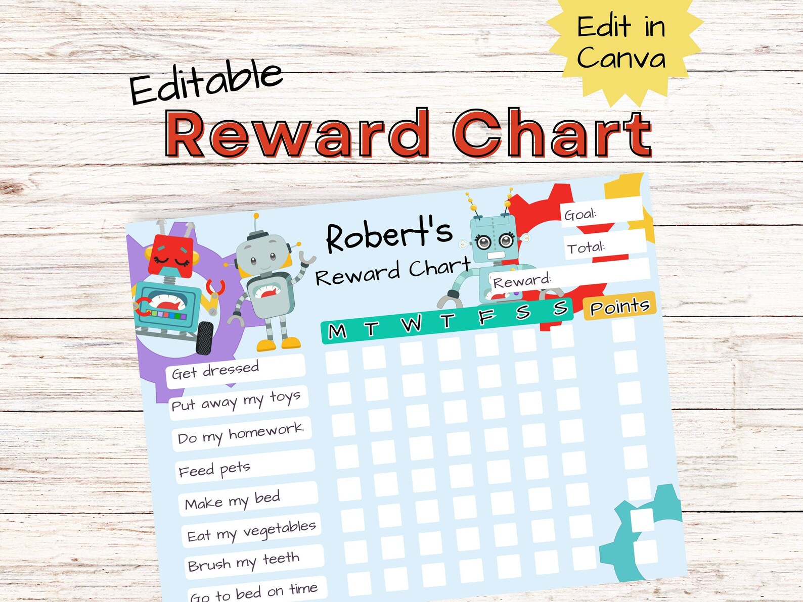 Chore Chart for Kids - Printable Boys Robot Reward Behavior ...