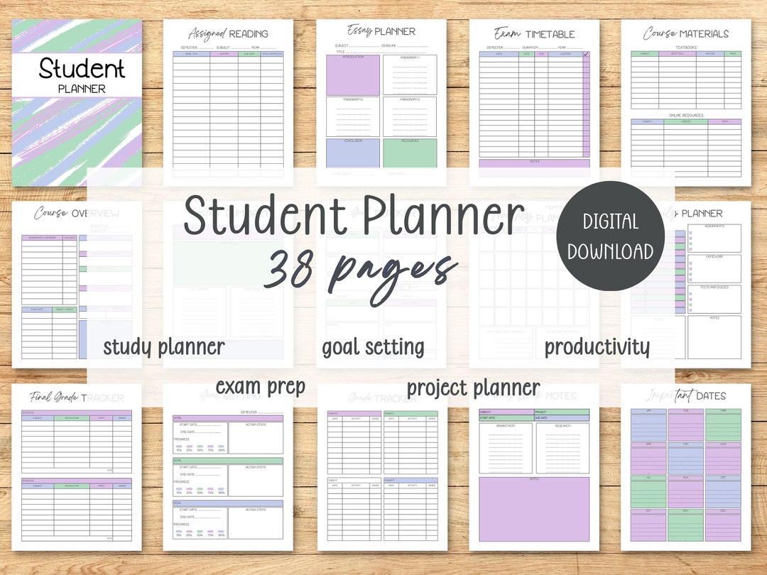 Printable Student Academic Planner - Grade Tracker Assignment Exam Prep ...