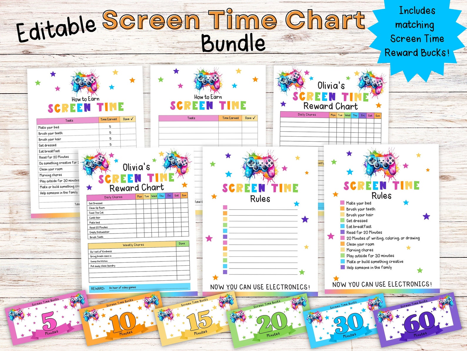 Editable Screen Time Rules Printable Chore Chart for Kids With Reward ...