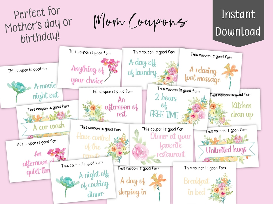 Printable Coupon Book - Mothers Day or Birthday Coupons - Mom Gift From ...