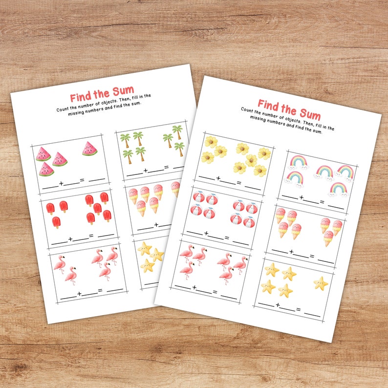 Addition Worksheets for Kindergarten and 1st Grade Math - Summer Theme ...