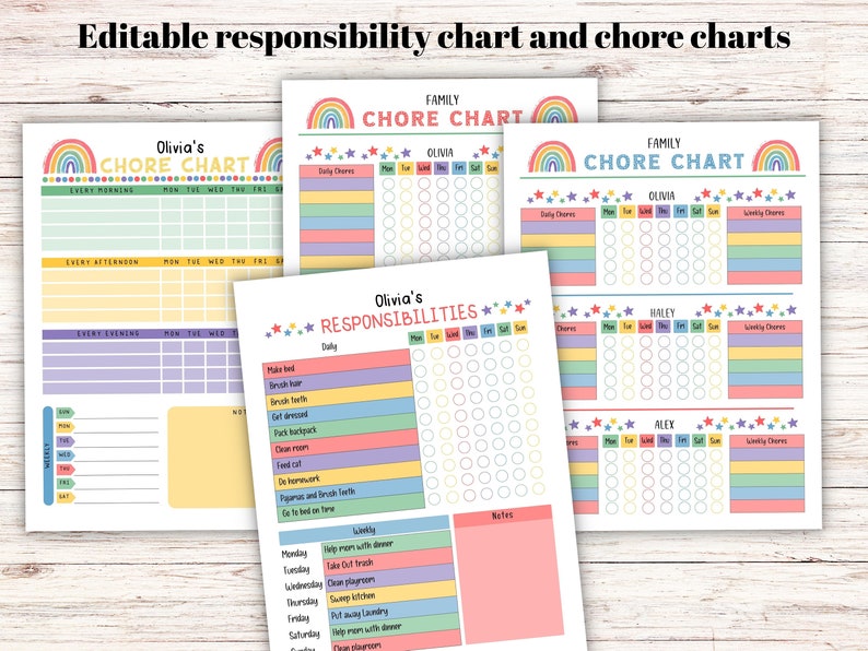 Chore Chart for Kids Editable Multiple Kids Responsibility Allowance ...