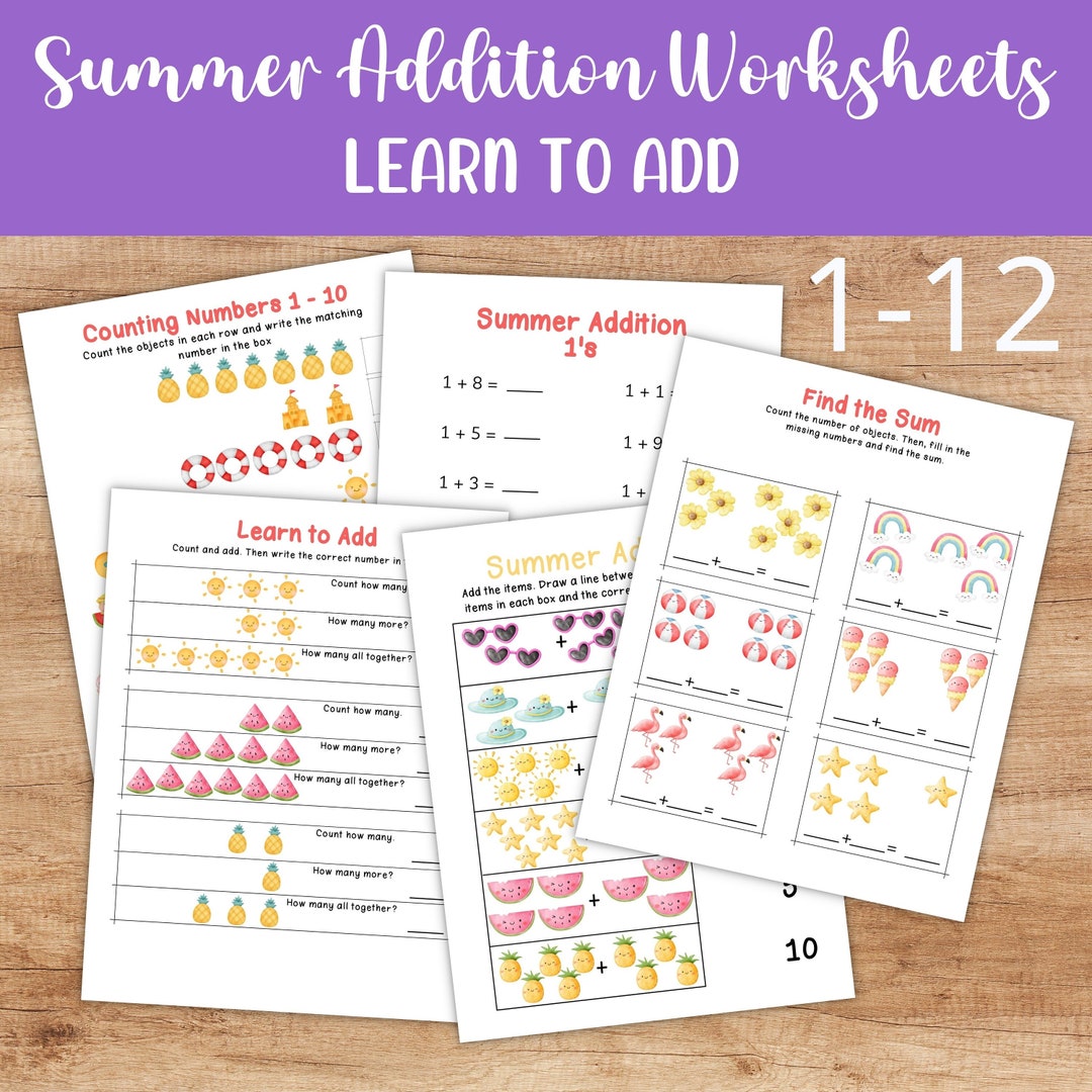Addition Worksheets for Kindergarten and 1st Grade Math - Summer Theme ...