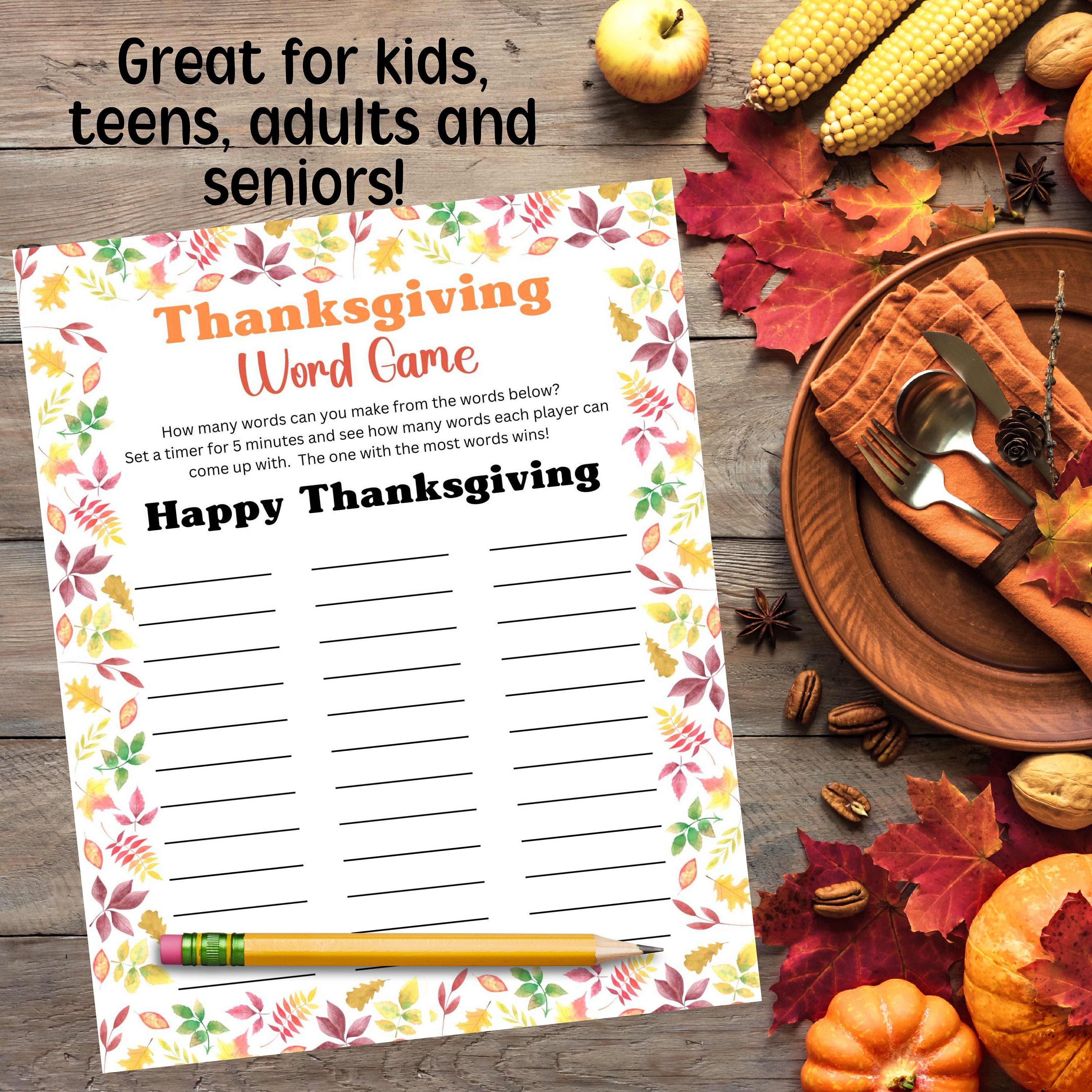Thanksgiving Word Game Printable Activity for Kids, Teens, Adults ...