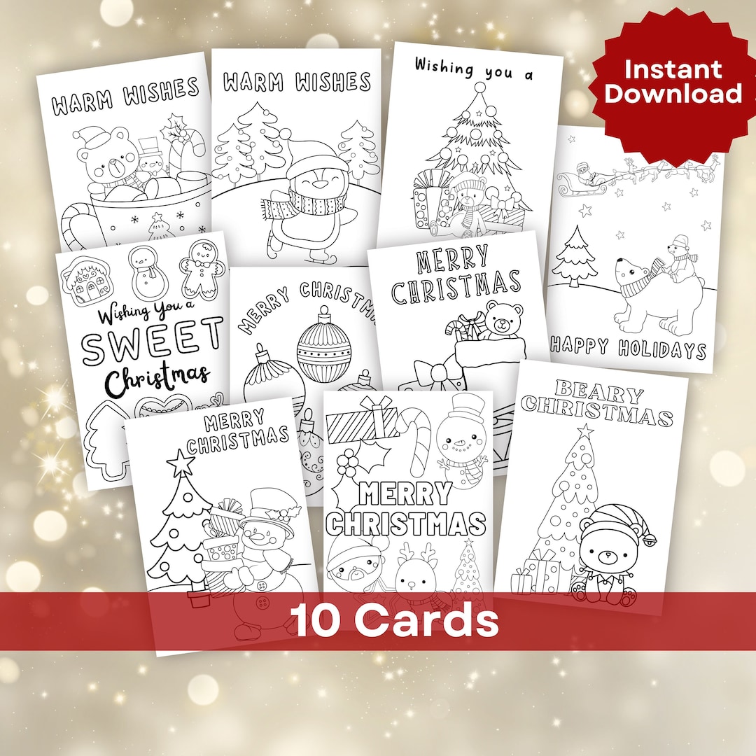 Christmas Coloring Cards 10 Printable Holiday Cards for Kids Winter ...