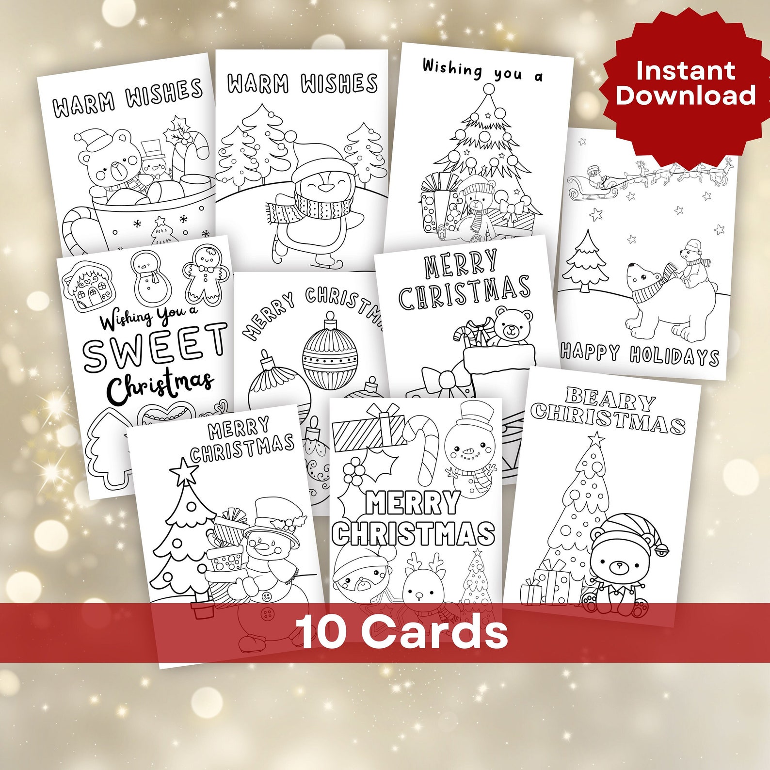 Christmas Coloring Cards 10 Printable Holiday Cards for Kids Winter ...