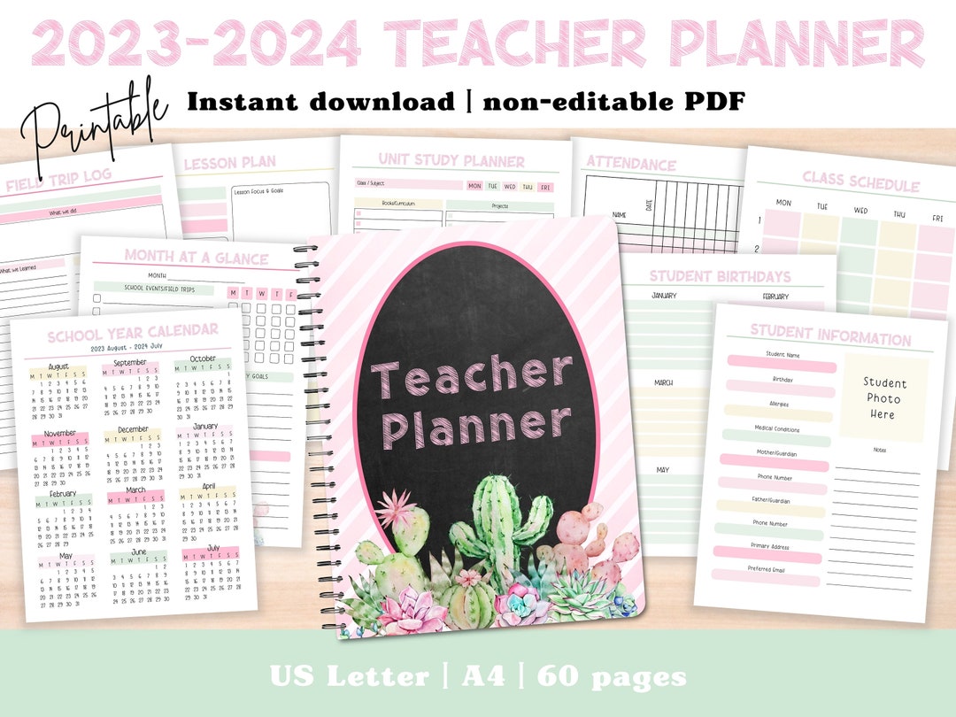 Pink Cactus Teacher Planner Printable 2023 2024 Teaching - Etsy