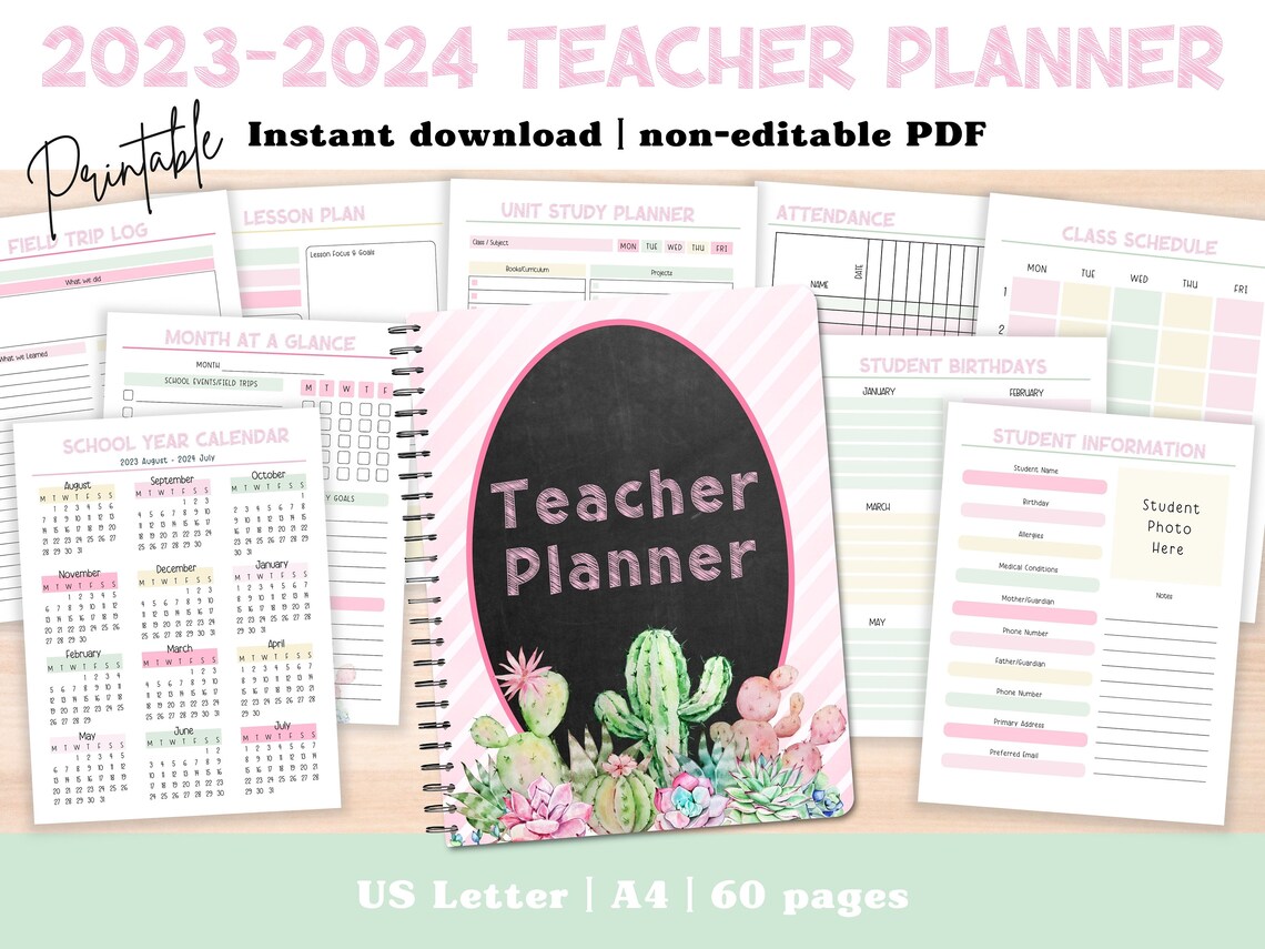 Pink Cactus Teacher Planner Printable 2023 2024 Teaching - Etsy