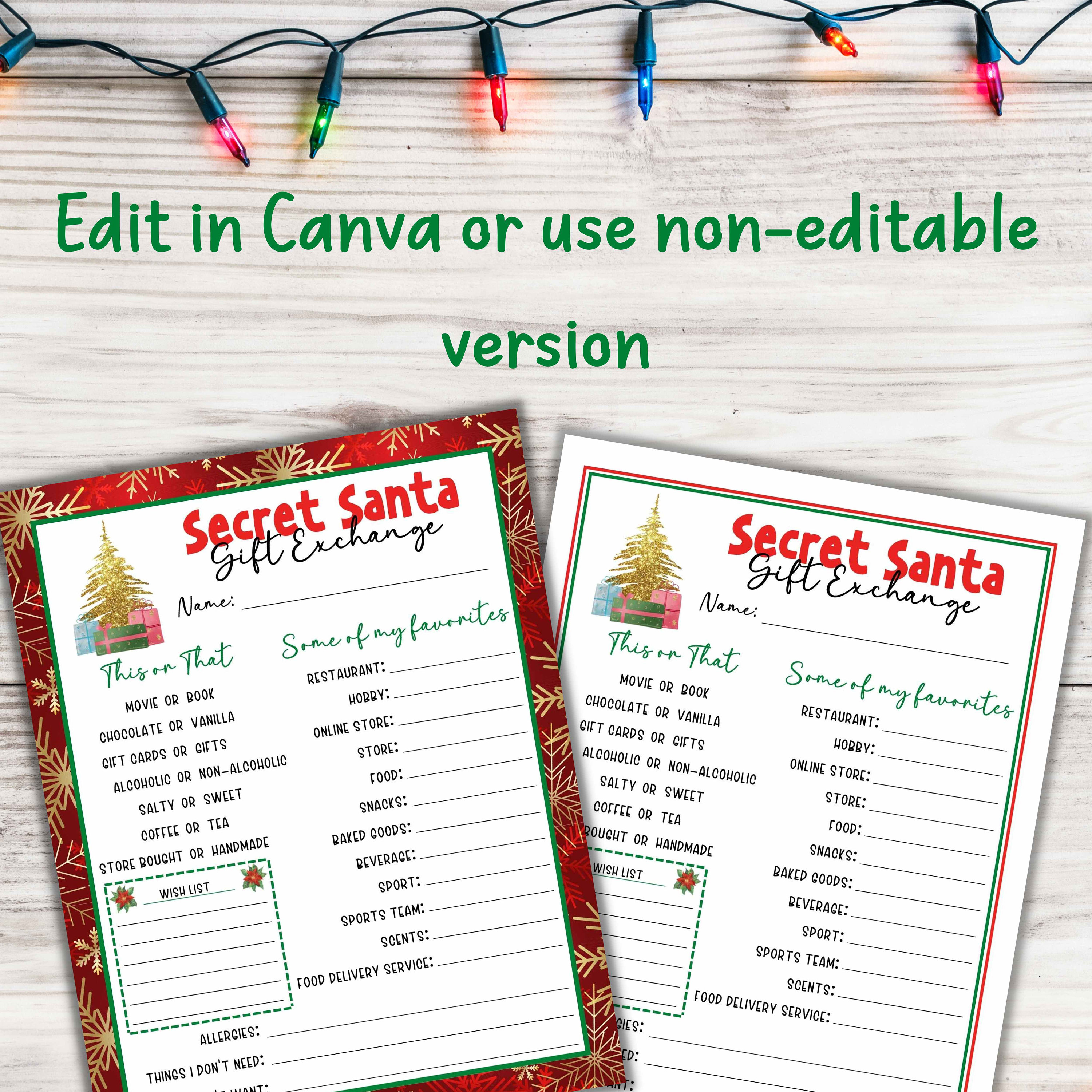 Secret Santa Questionnaire Printable - Editable Template for Christmas ...