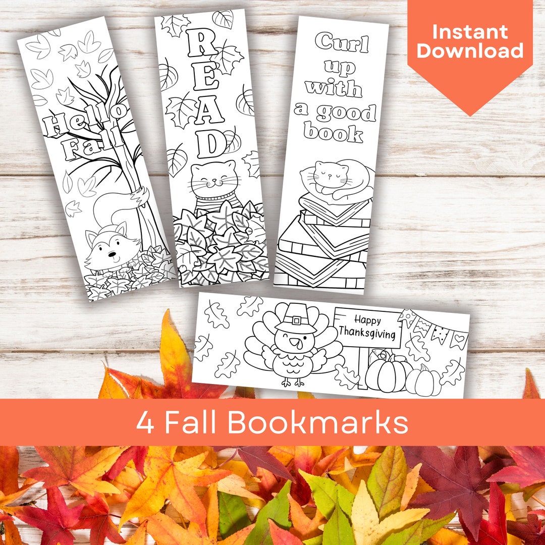 Printable Fall Coloring Bookmarks for Kids - Set of 4 Thanksgiving ...