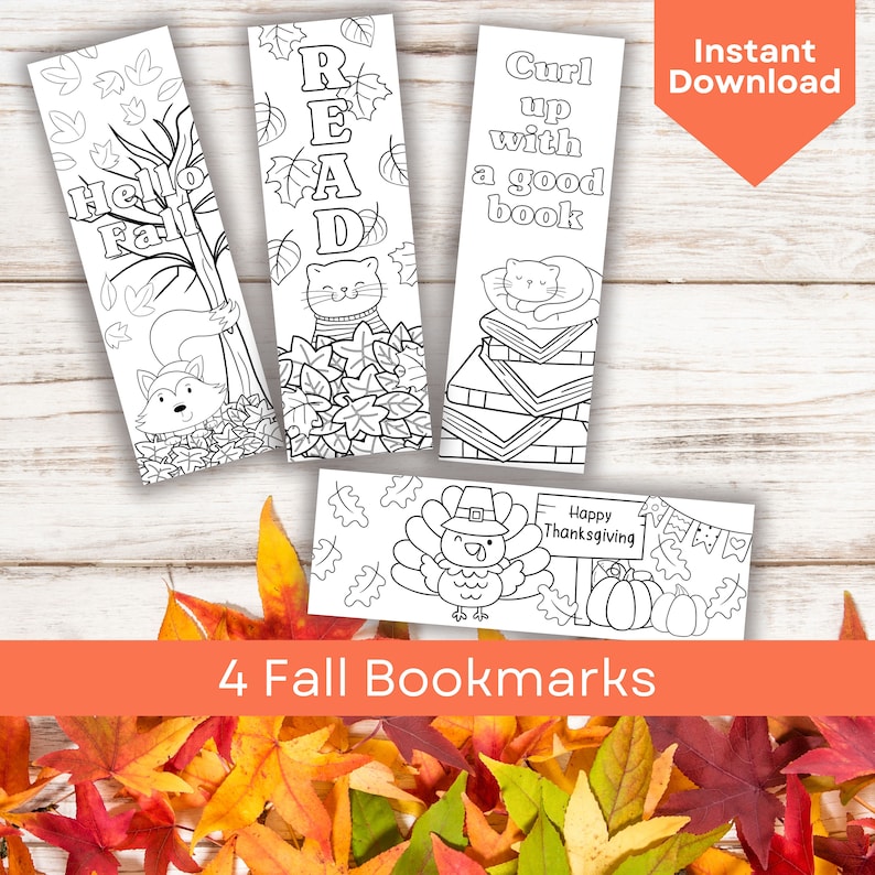 Printable Fall Coloring Bookmarks for Kids - Set of 4 Thanksgiving ...