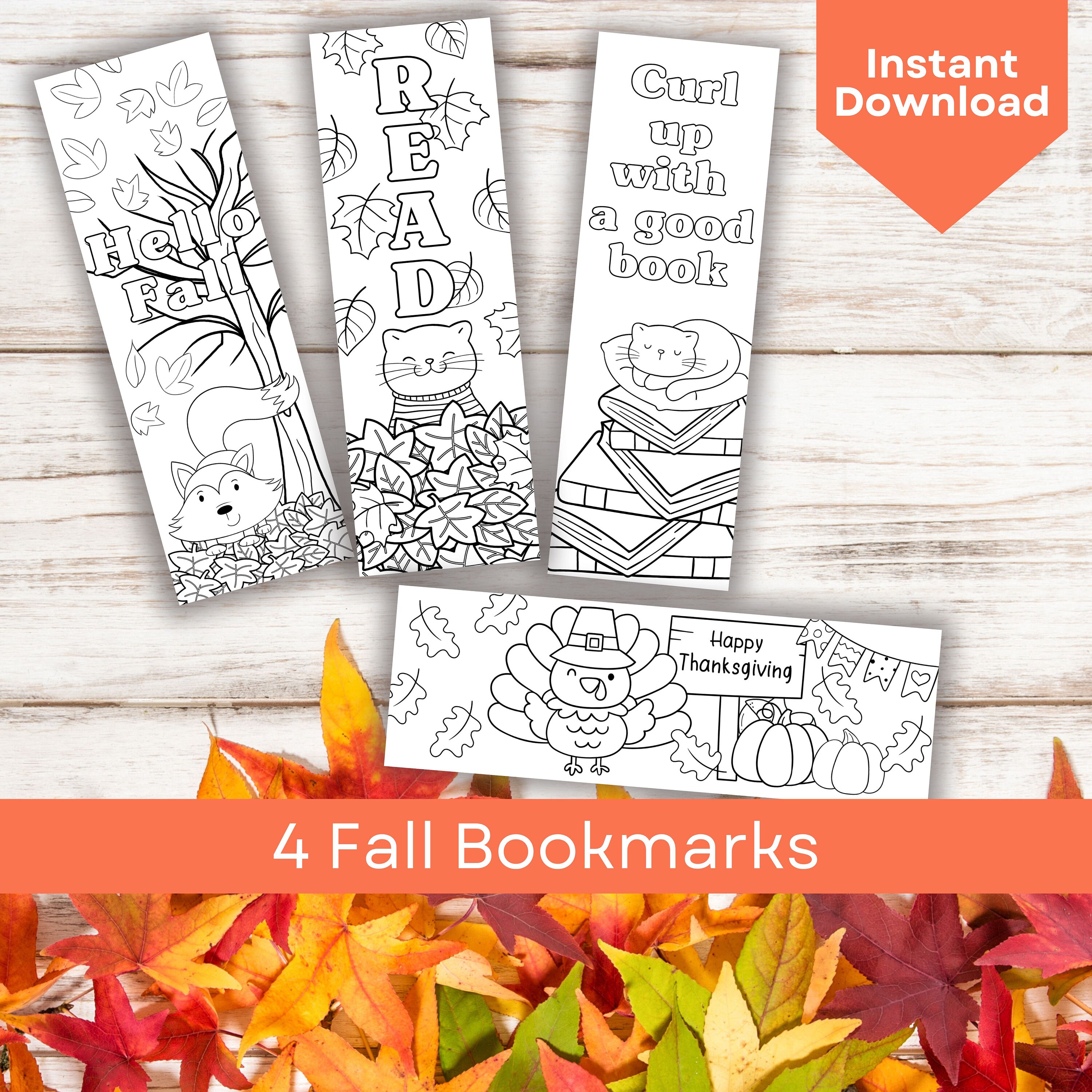 Printable Fall Coloring Bookmarks for Kids - Set of 4 Thanksgiving ...