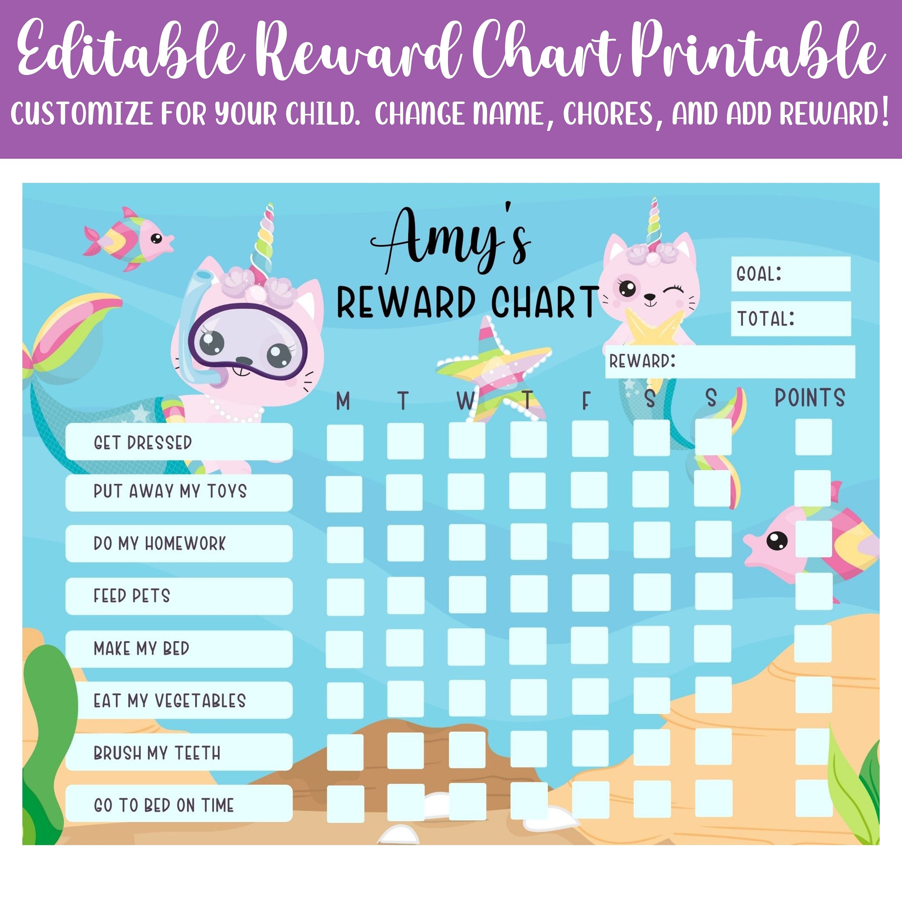 Chore Chart for Kids Printable Girls Caticorn Mermaid Reward Behavior ...