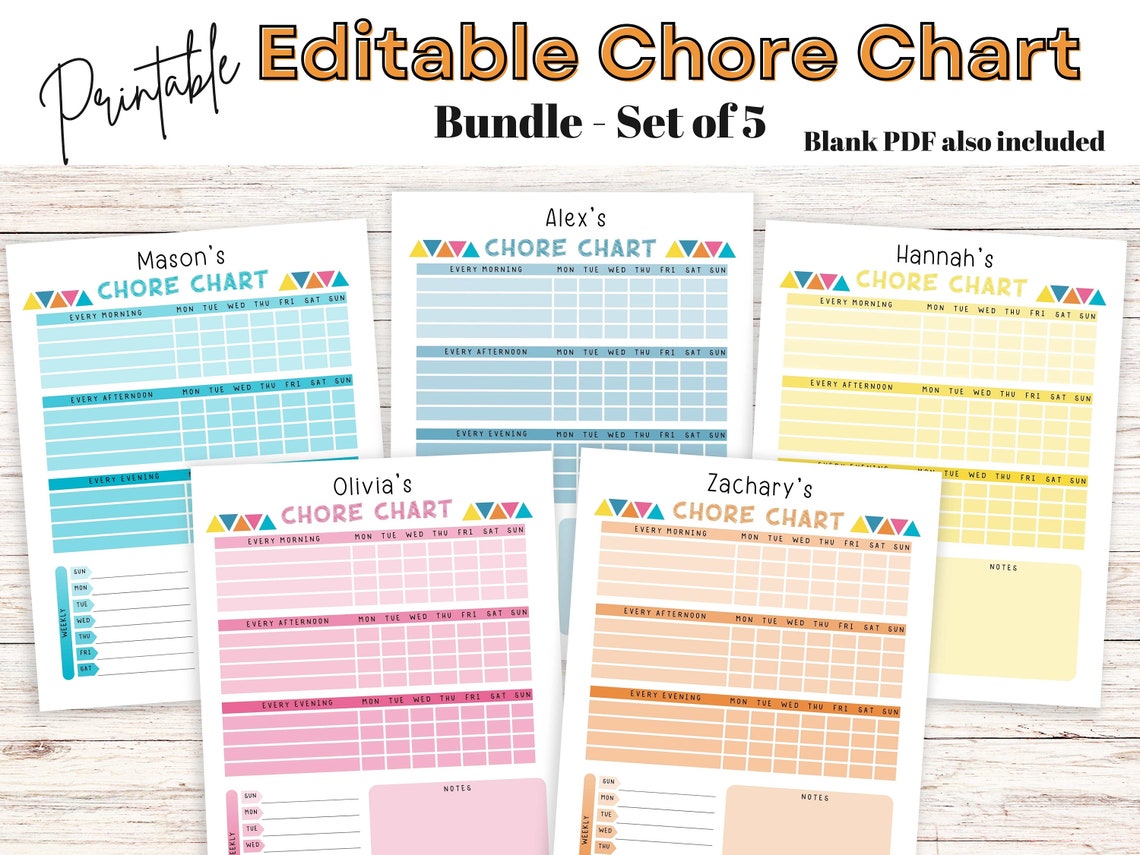Chore Chart for Kids Editable Multiple Kids Responsibility Chart ...