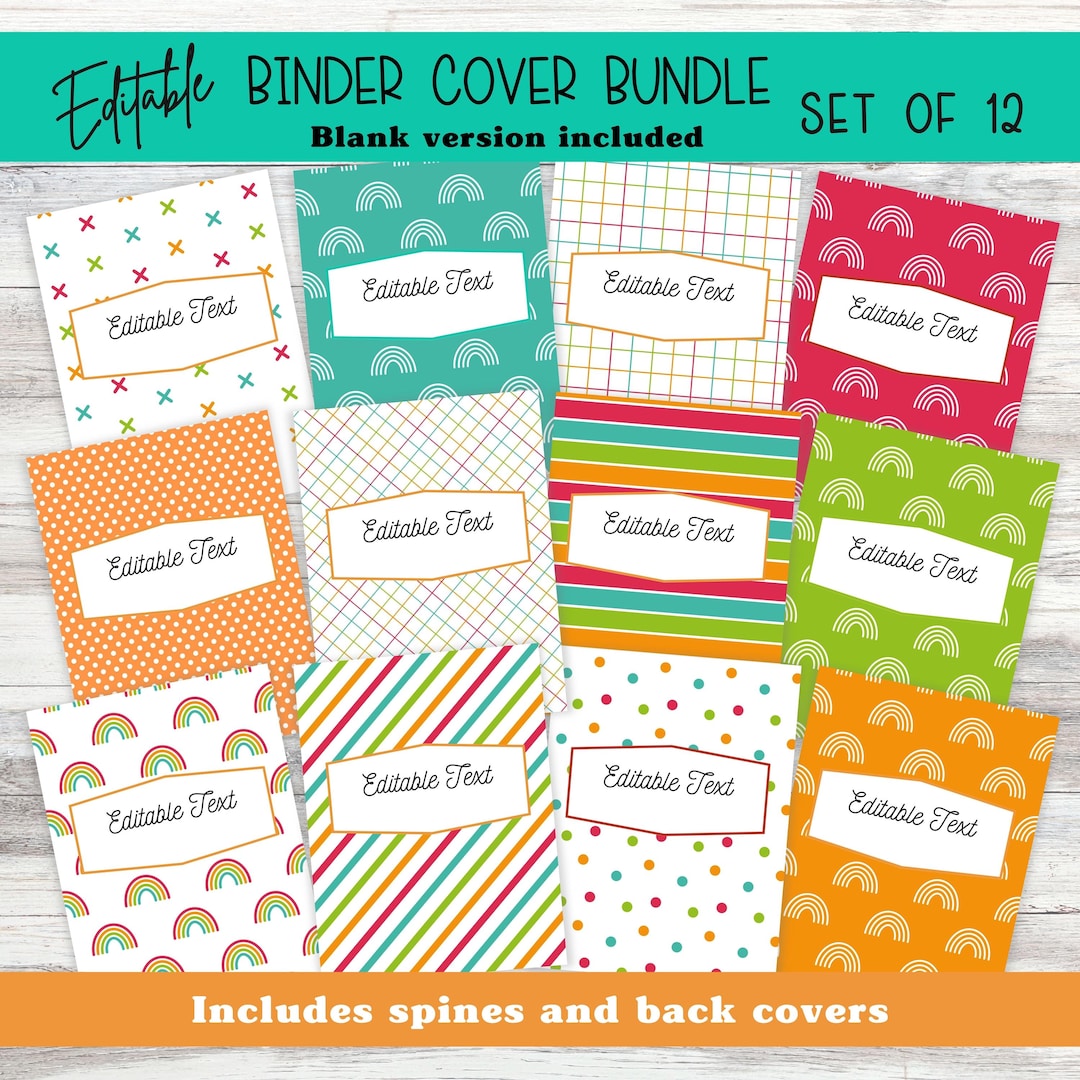 Editable Binder Cover - Set of 12 Printable Bright Colorful Rainbow ...