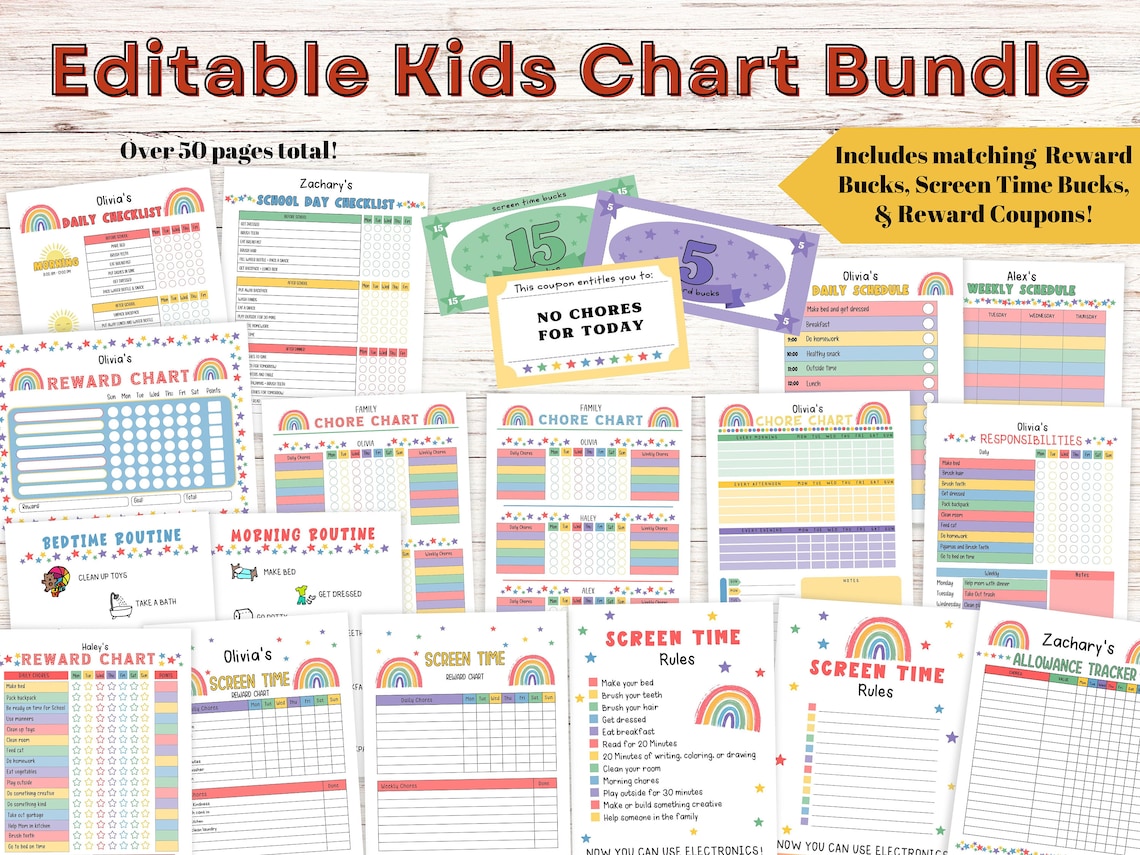 Chore Chart for Kids Editable Multiple Kids Responsibility Allowance ...