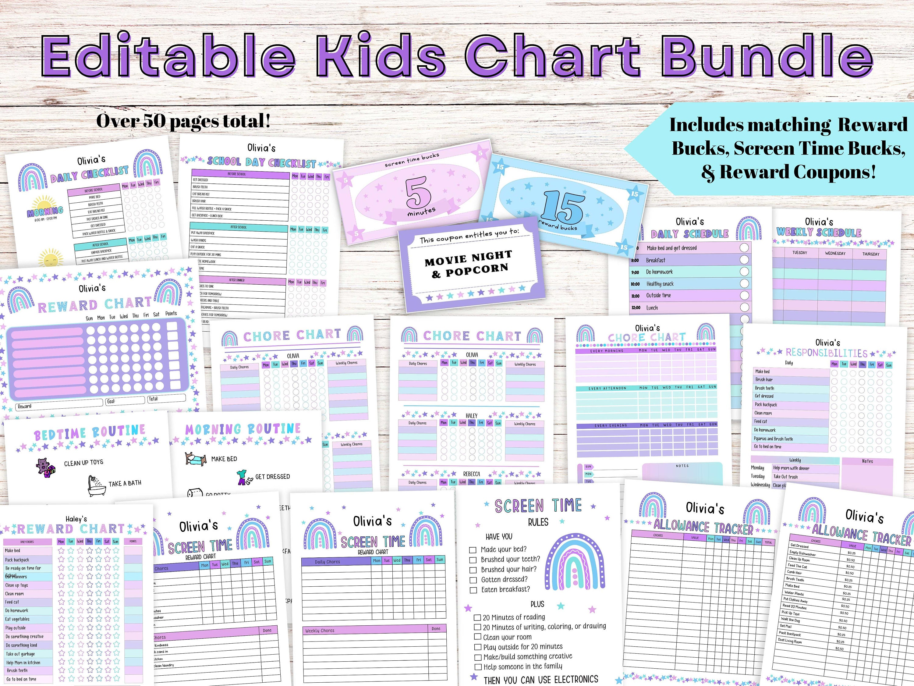 Chore Chart for Kids Editable Multiple Kids Responsibility Allowance ...