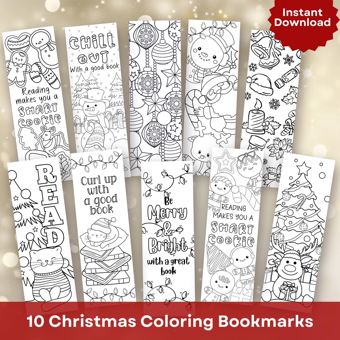 Christmas Coloring Bookmarks - 10 Printable Holiday Bookmarks for Kids ...