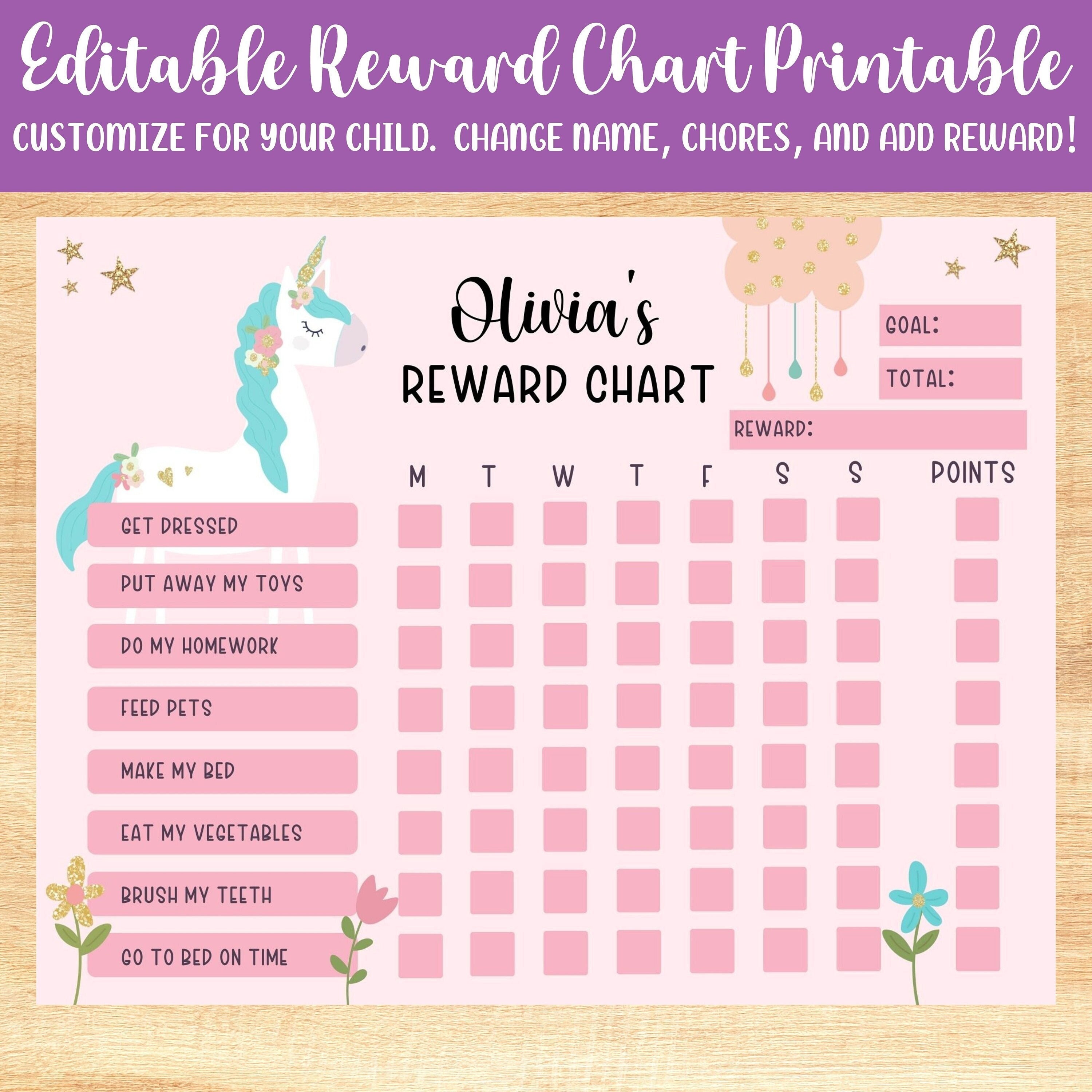 Chore Chart for Kids - Printable Girls Unicorn Reward Behavior ...