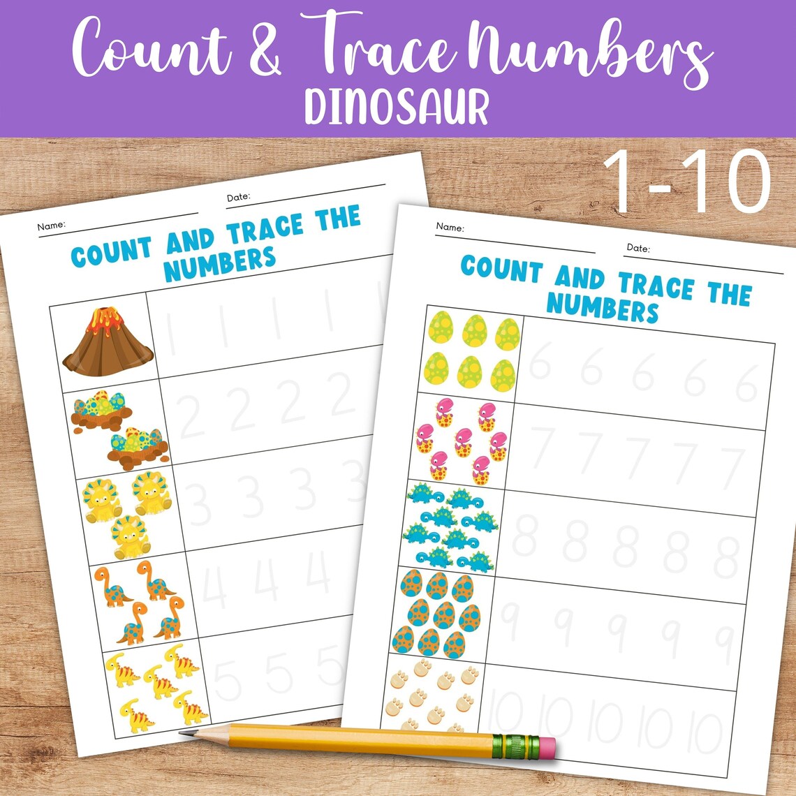 Number Tracing Worksheets Dinosaur for Preschool Prek Math - Etsy