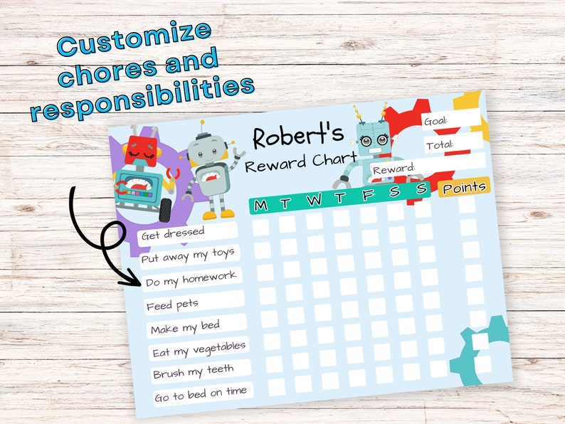 Chore Chart for Kids - Printable Boys Robot Reward Behavior ...