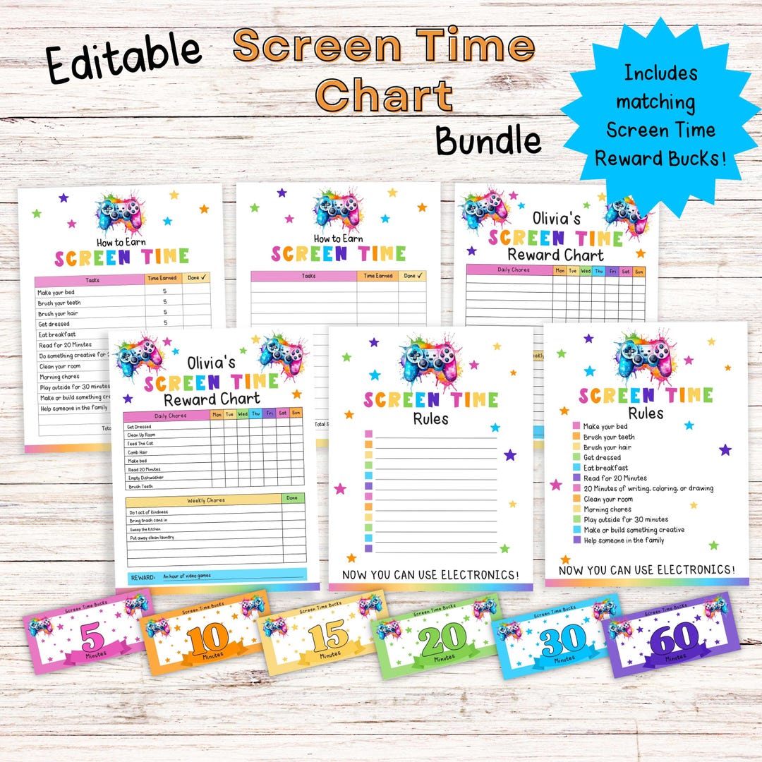 Editable Screen Time Rules - Printable Chore Chart for Kids With Reward ...