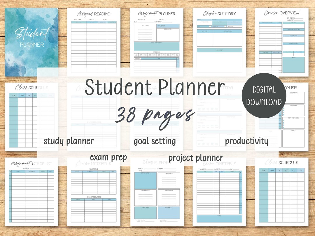 Printable Student Academic Planner - Grade Tracker Assignment Exam Prep ...