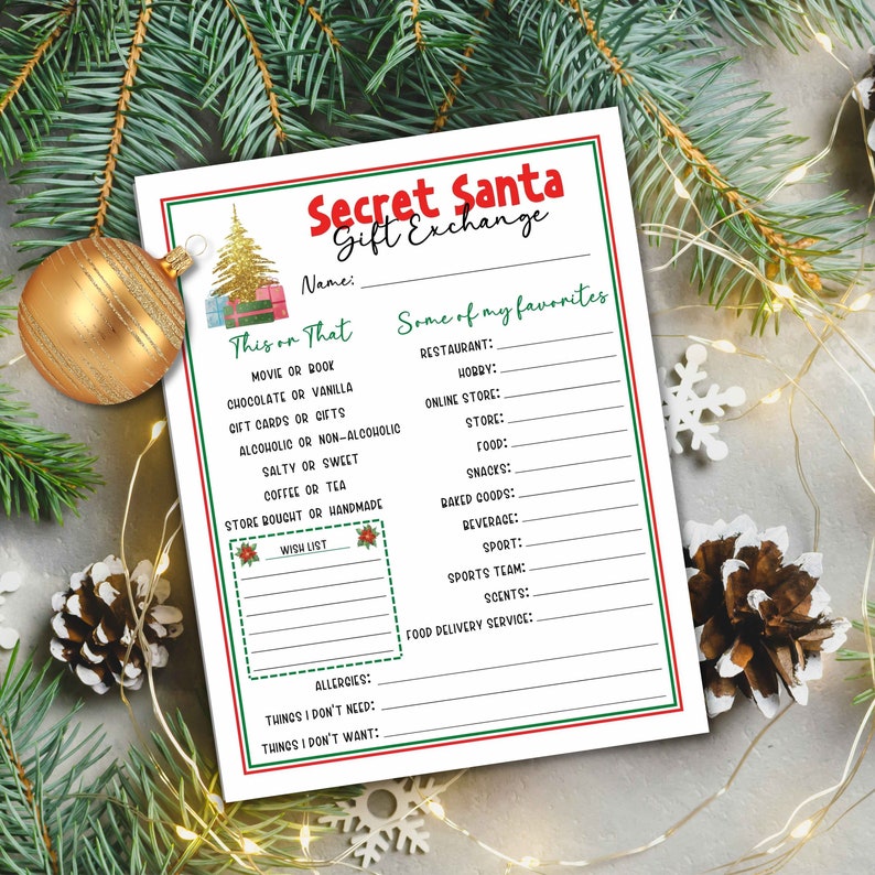 Secret Santa Questionnaire Printable Editable Template for Christmas ...