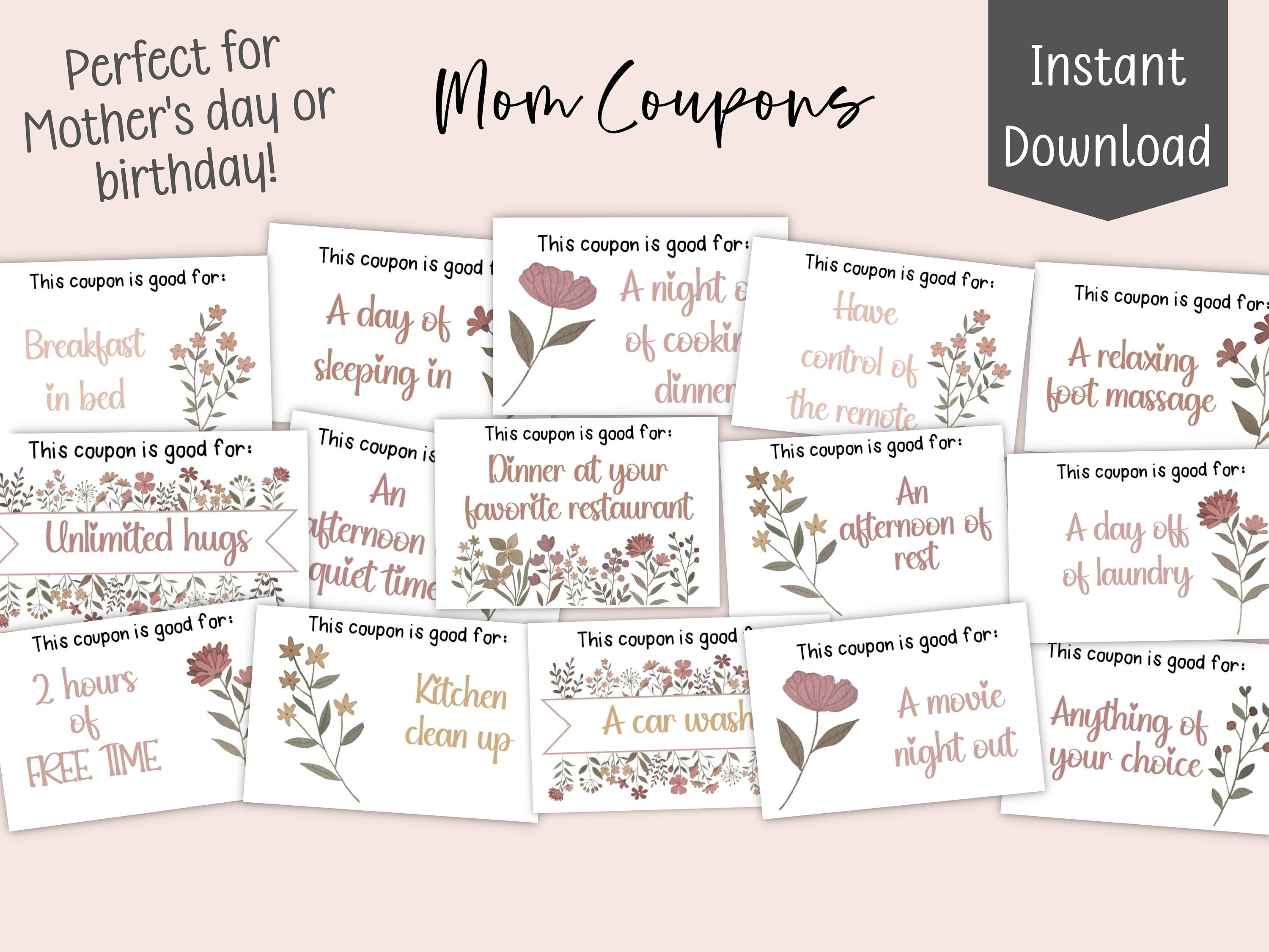 Printable Coupon Book Mothers Day or Birthday Coupons Mom Gift From ...