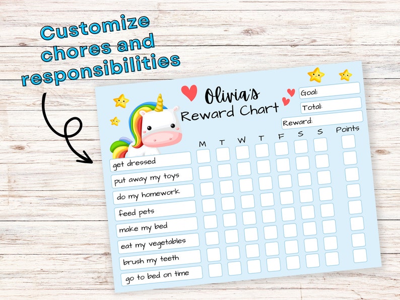Chore Chart for Kids - Printable Girls Unicorn Reward Behavior ...