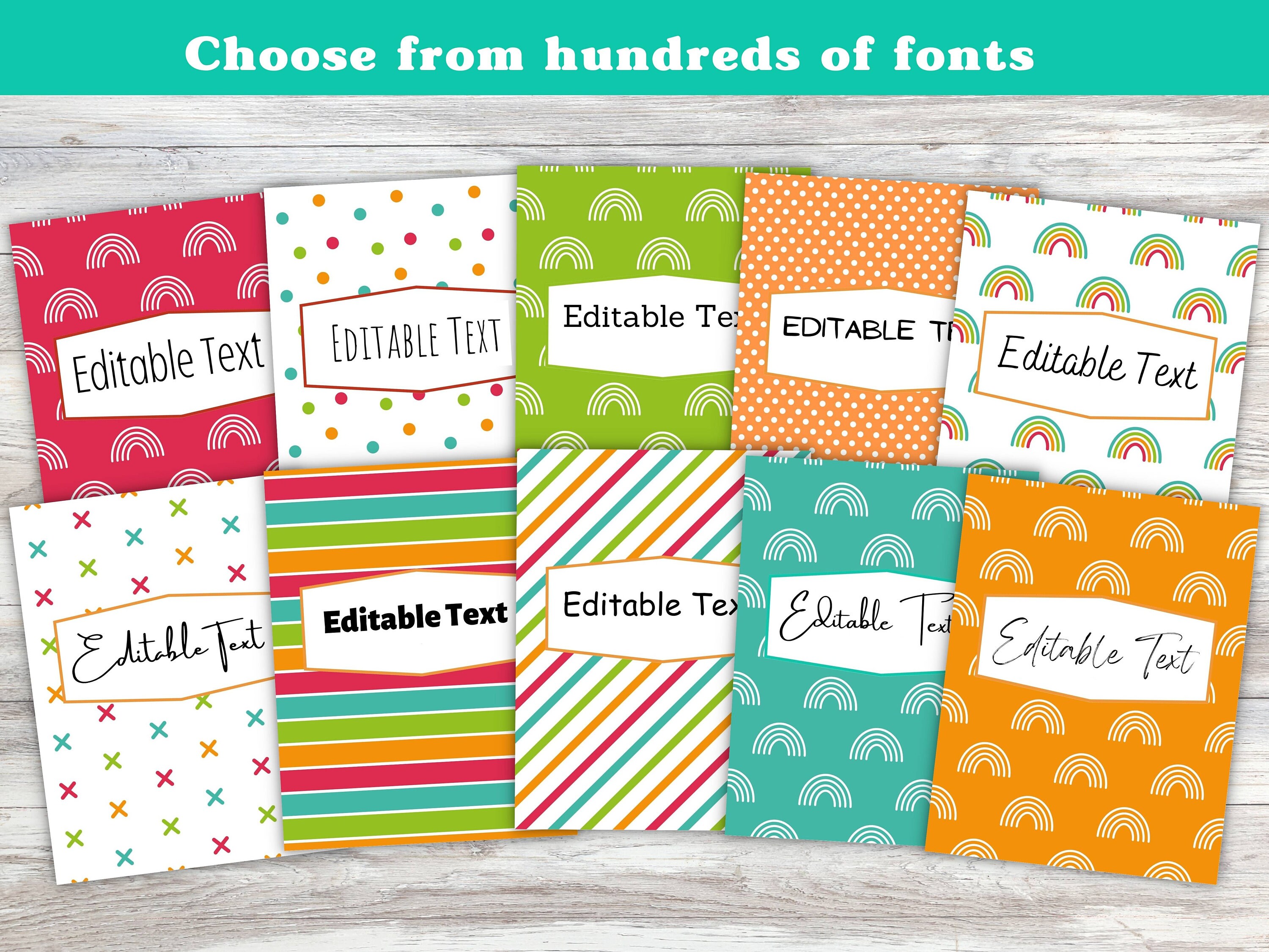 Editable Binder Cover Set of 12 Printable Bright Colorful Rainbow ...