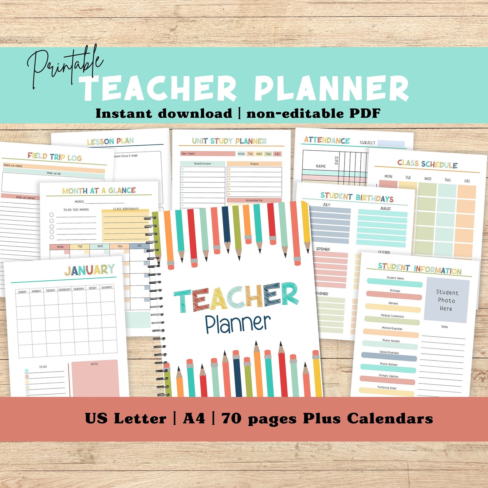Teacher Planner Printable - Colorful Academic Binder With Lesson ...
