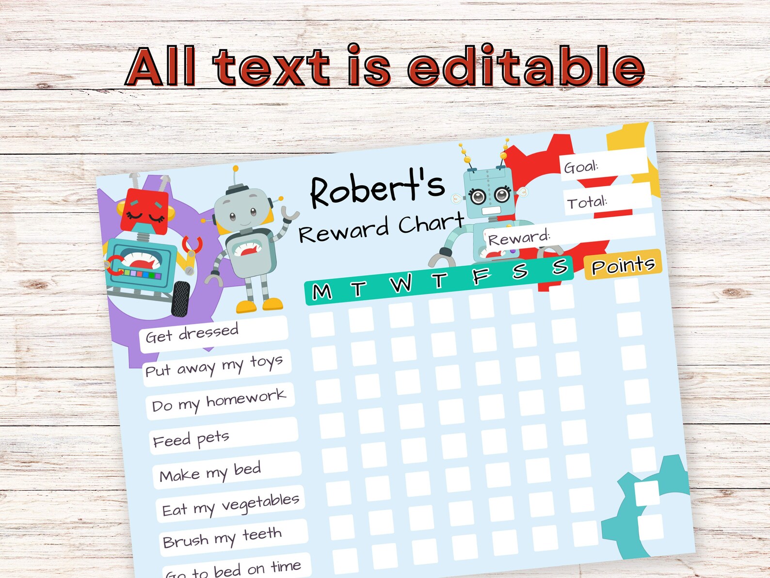 Chore Chart for Kids - Printable Boys Robot Reward Behavior ...