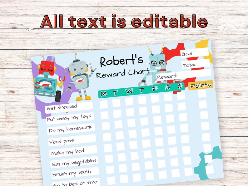 Chore Chart for Kids Printable Boys Robot Reward Behavior ...
