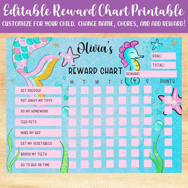 Chore Chart for Kids - Printable Girls Mermaid Reward Behavior ...