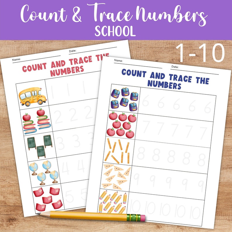 Number Tracing Worksheets School - for Preschool Pre-k Math - Counting ...
