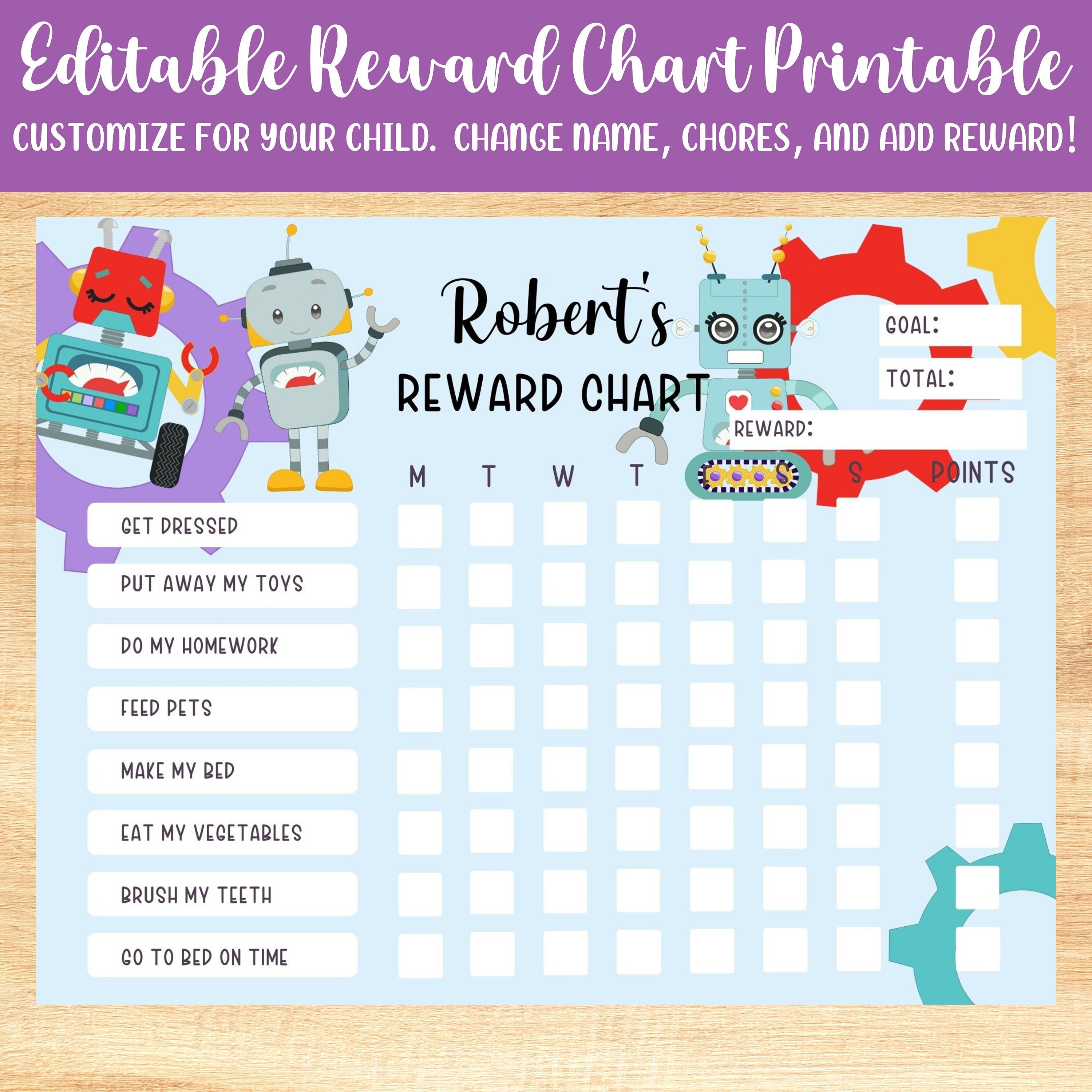 Chore Chart for Kids Printable Boys Robot Reward Behavior ...