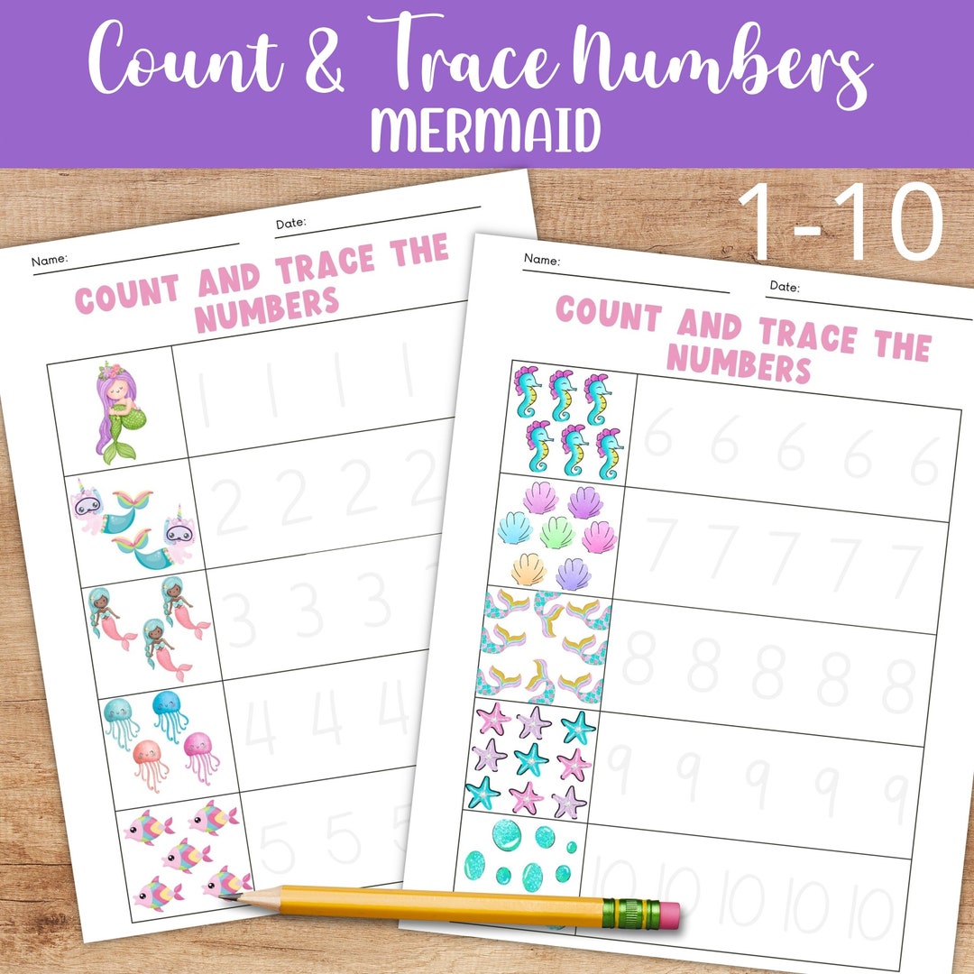 Number Tracing Worksheets Mermaid - for Preschool Pre-k Math - Counting ...
