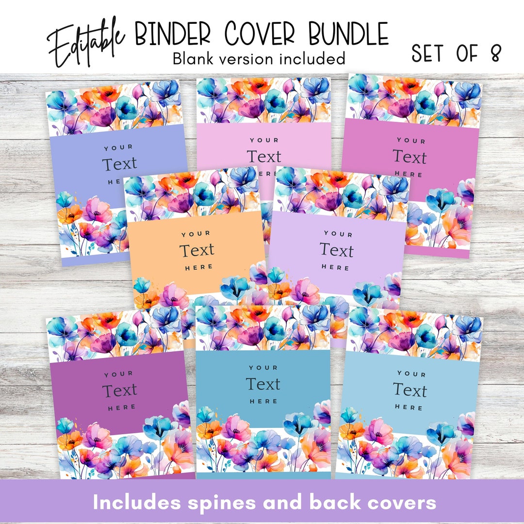 Binder Cover Printable - Set of 8 Editable Bright Watercolor Floral ...