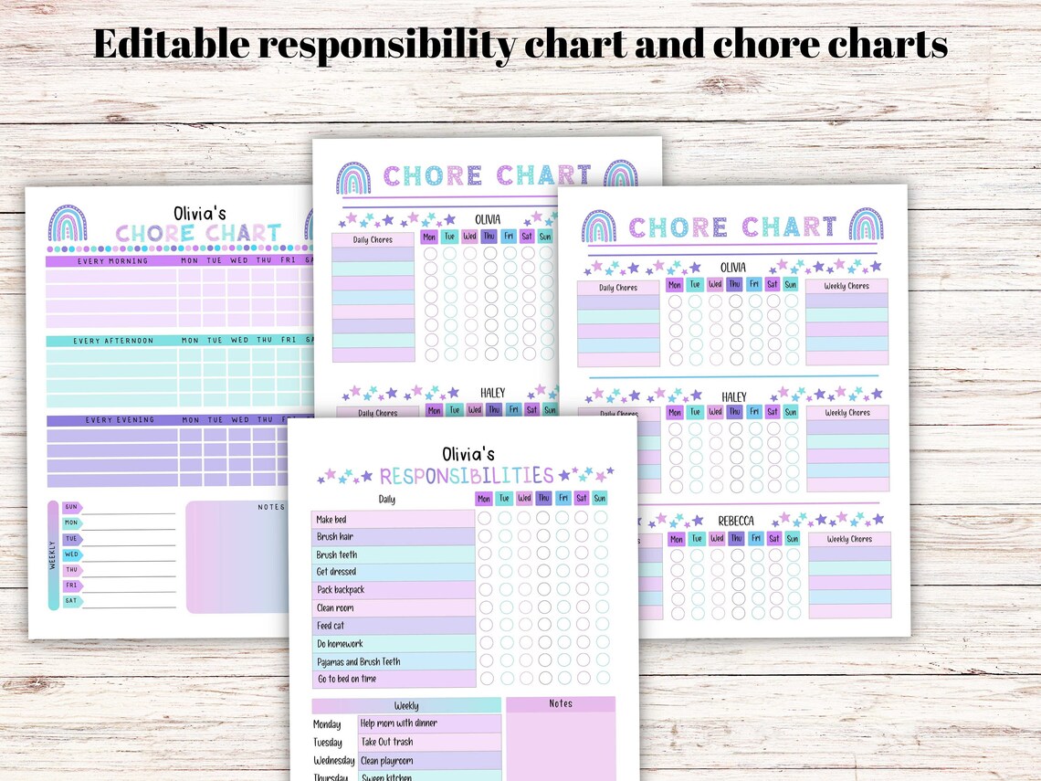 Chore Chart for Kids Editable Multiple Kids Responsibility Allowance ...