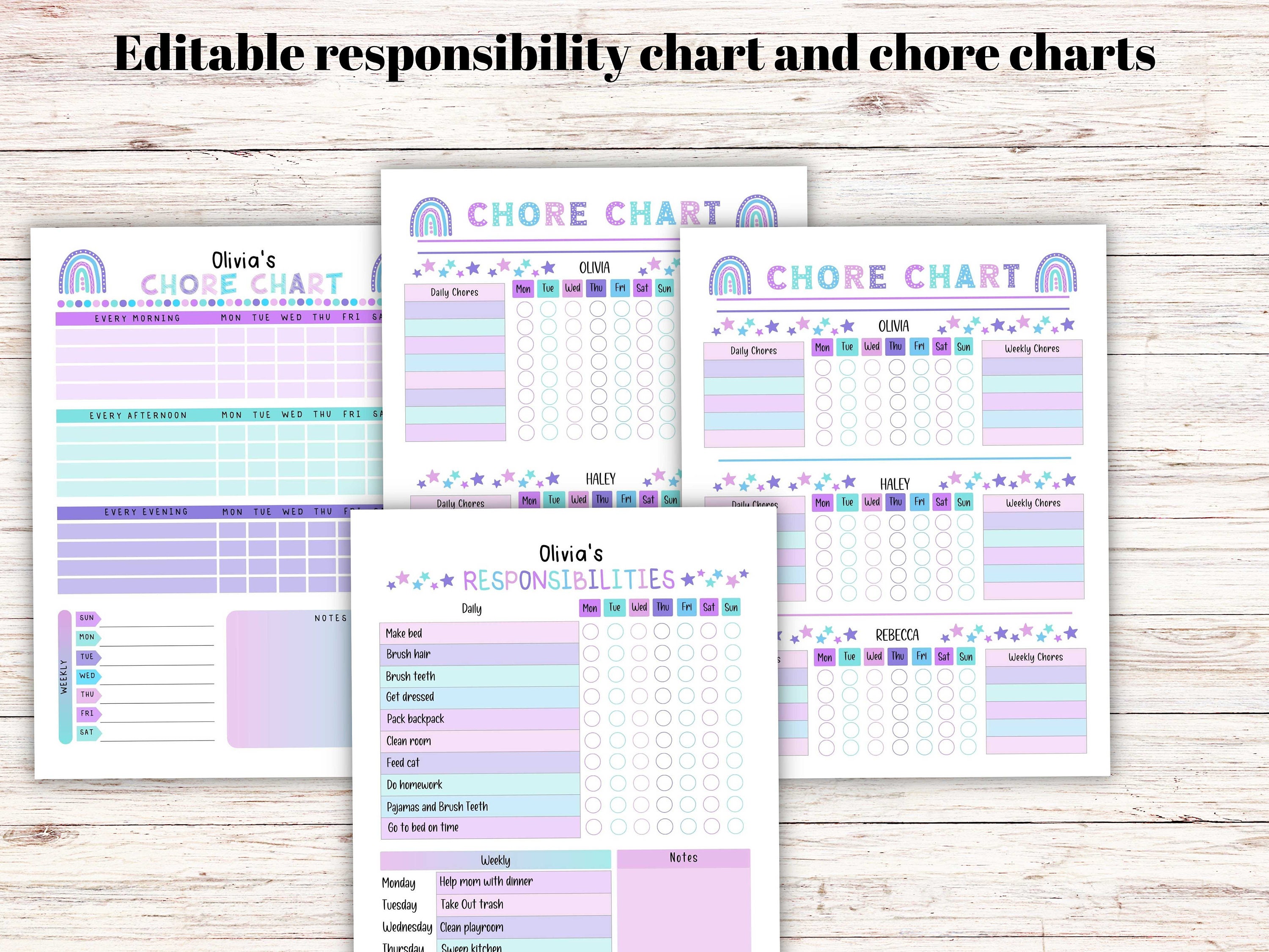 Chore Chart for Kids Editable Multiple Kids Responsibility Allowance ...