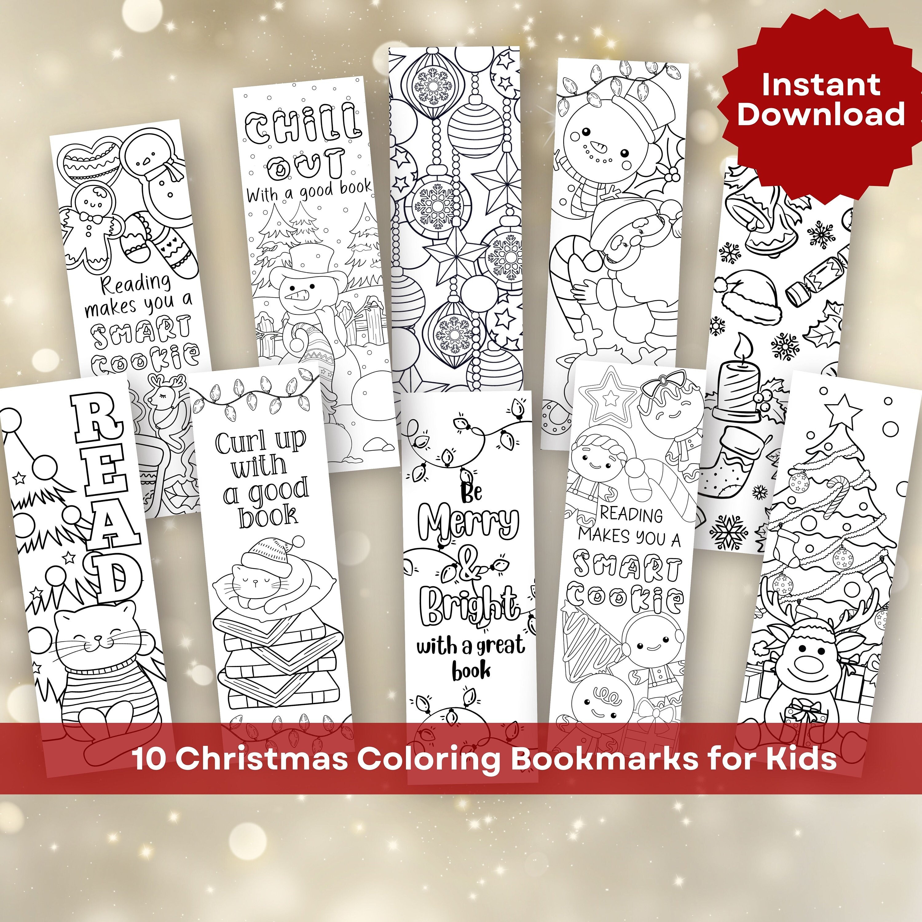 Christmas Coloring Bookmarks - 10 Printable Holiday Bookmarks for Kids ...